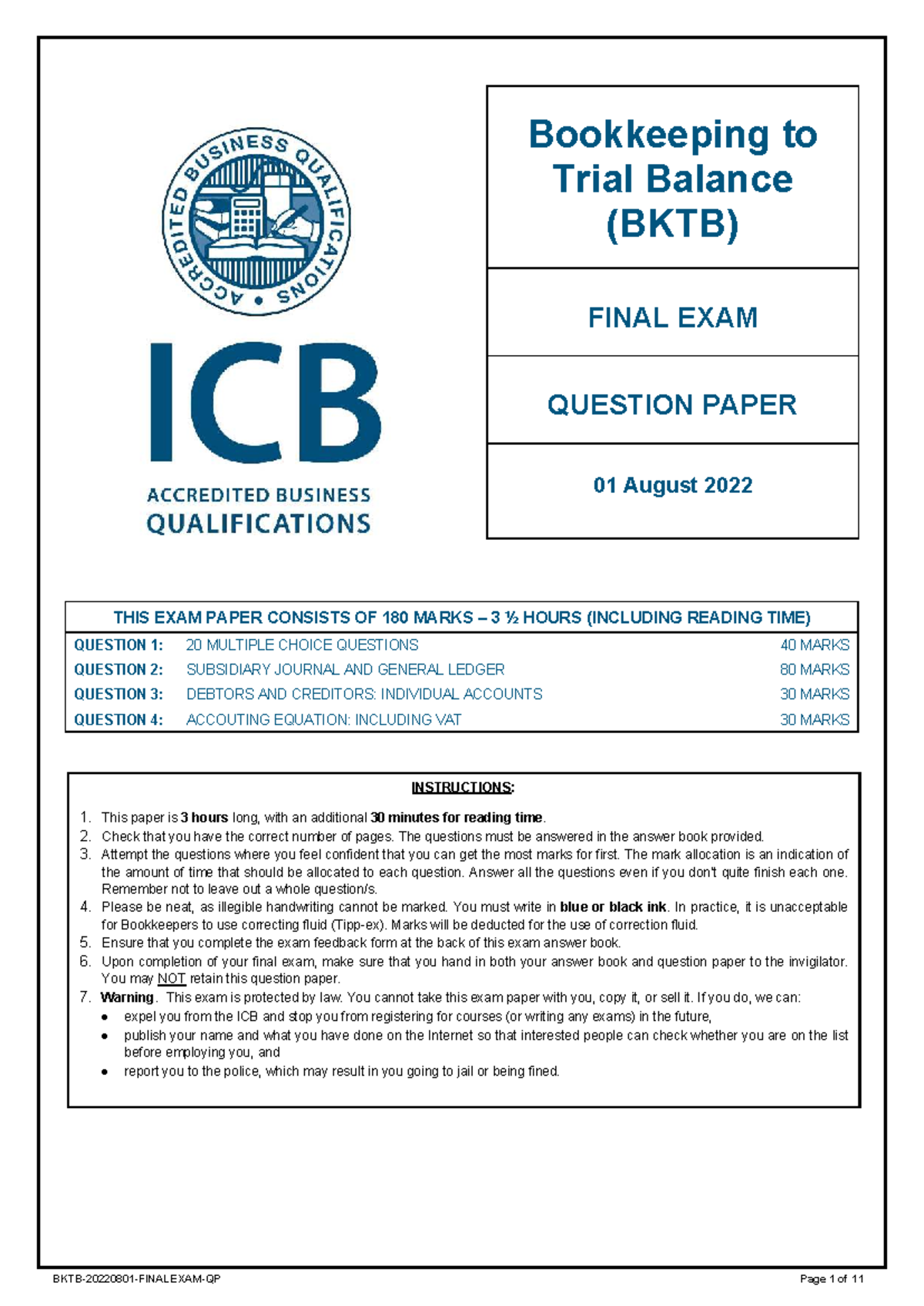 BKTB Final Exam Question Paper - Bookkeeping to Trial Balance (01 Aug ...
