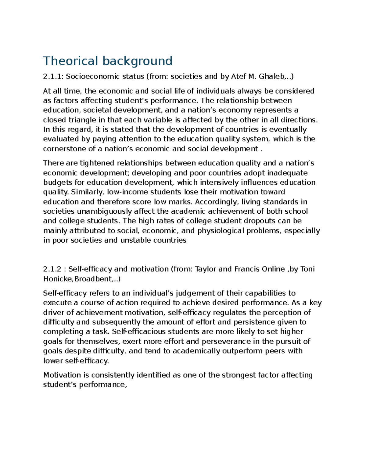 Theoretical Background: Socioeconomic Status & Motivation Factors - Studocu