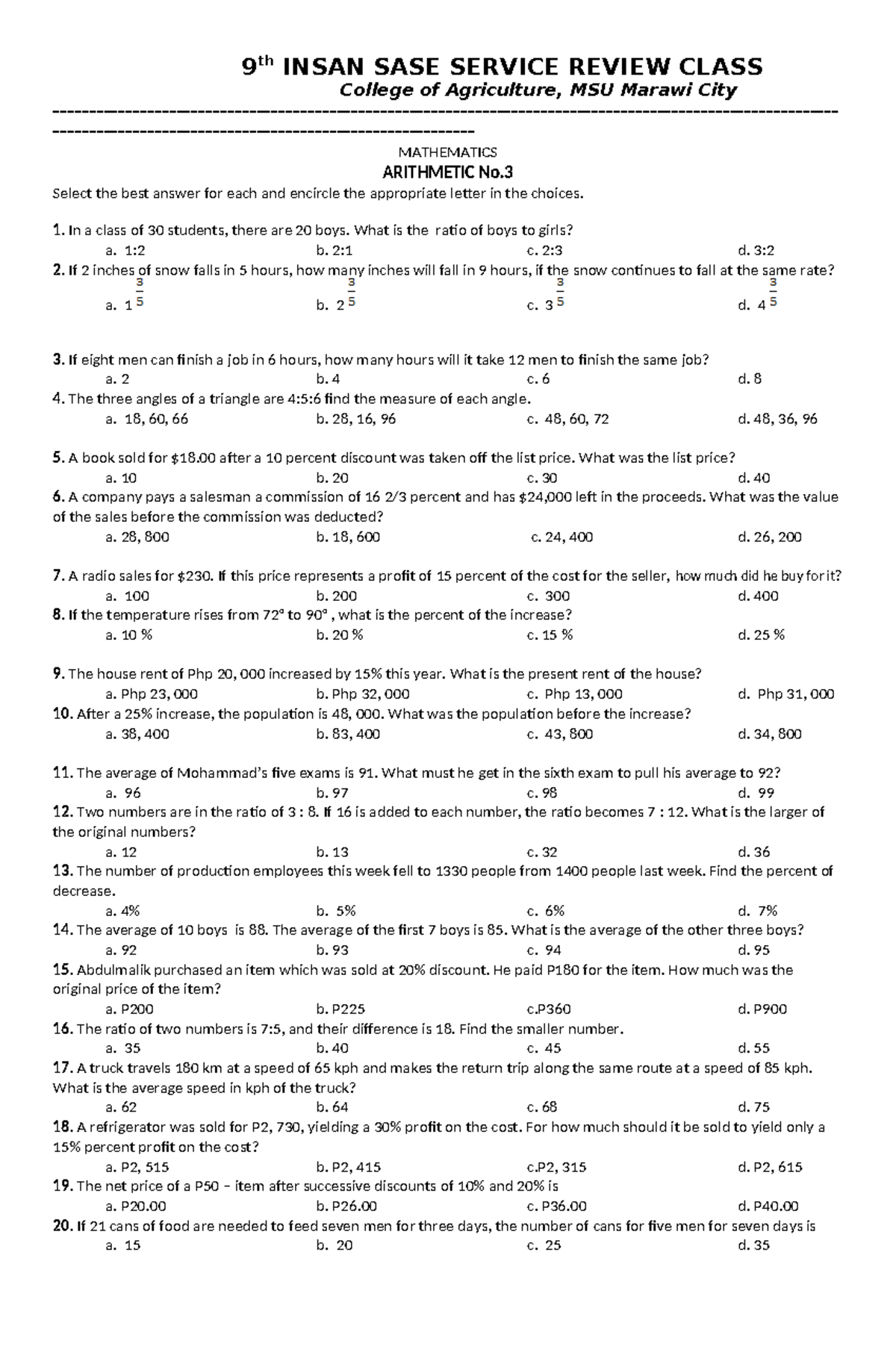 3rd-Math-Exam - 3rd-Math-Exam - 9 th INSAN SASE SERVICE REVIEW CLASS ...