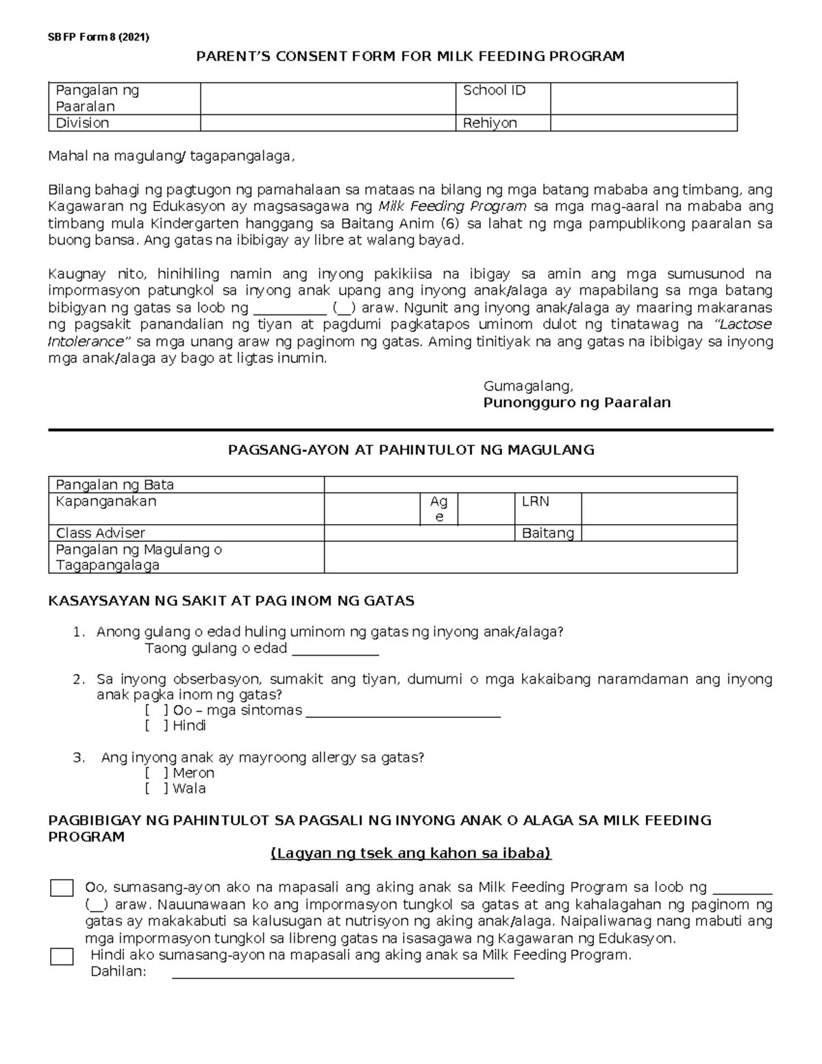 SBFP-Form-8 - Parent Consent for Milk Feeding Program - Studocu