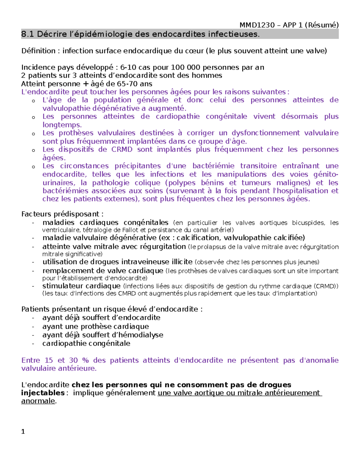 MMD1230-APP1-résu - app1 - 8 Décrire l’épidémiologie des endocardites ...