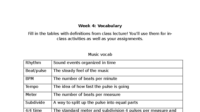 Week 4: Music Vocabulary Definitions for Class Activities - Studocu