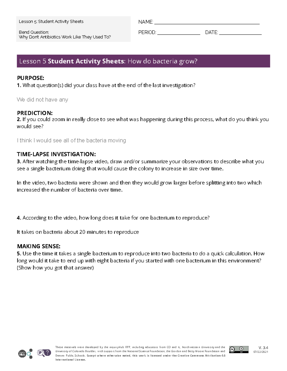 5.2 Student Activity Sheet Lesson 5 Bend 1 Addie Evolution - Lesson 5 ...