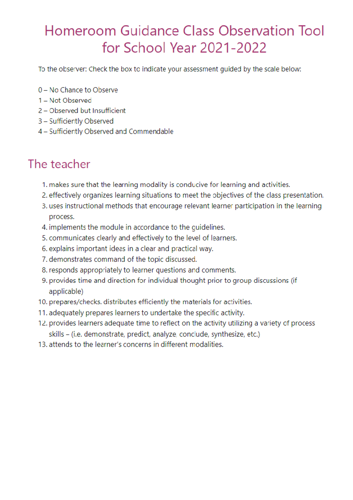 Classroom Observation Tool for Effective Teaching Strategies - Studocu