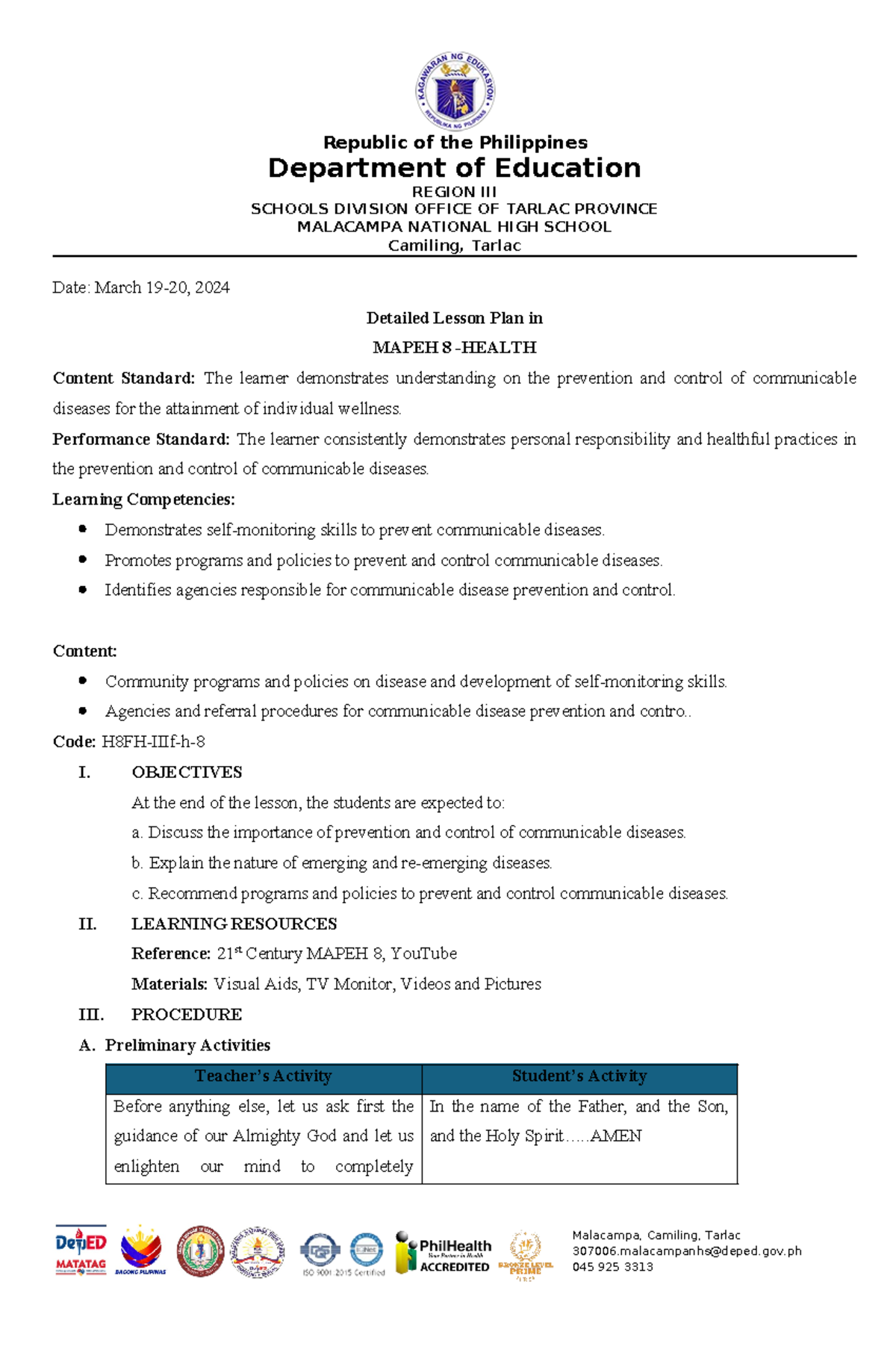Detailed Lesson Plan in MAPEH 8 - Health for Communicable Disease ...