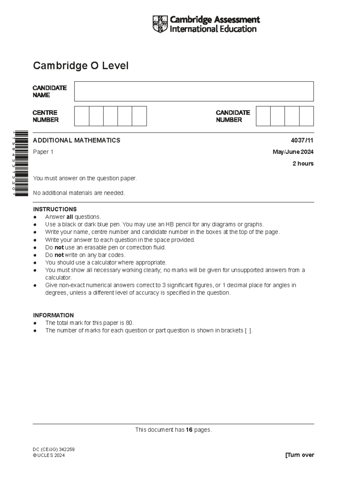 Cambridge O Level 4037 Additional Mathematics 2024 Paper 1 Exam Guide ...