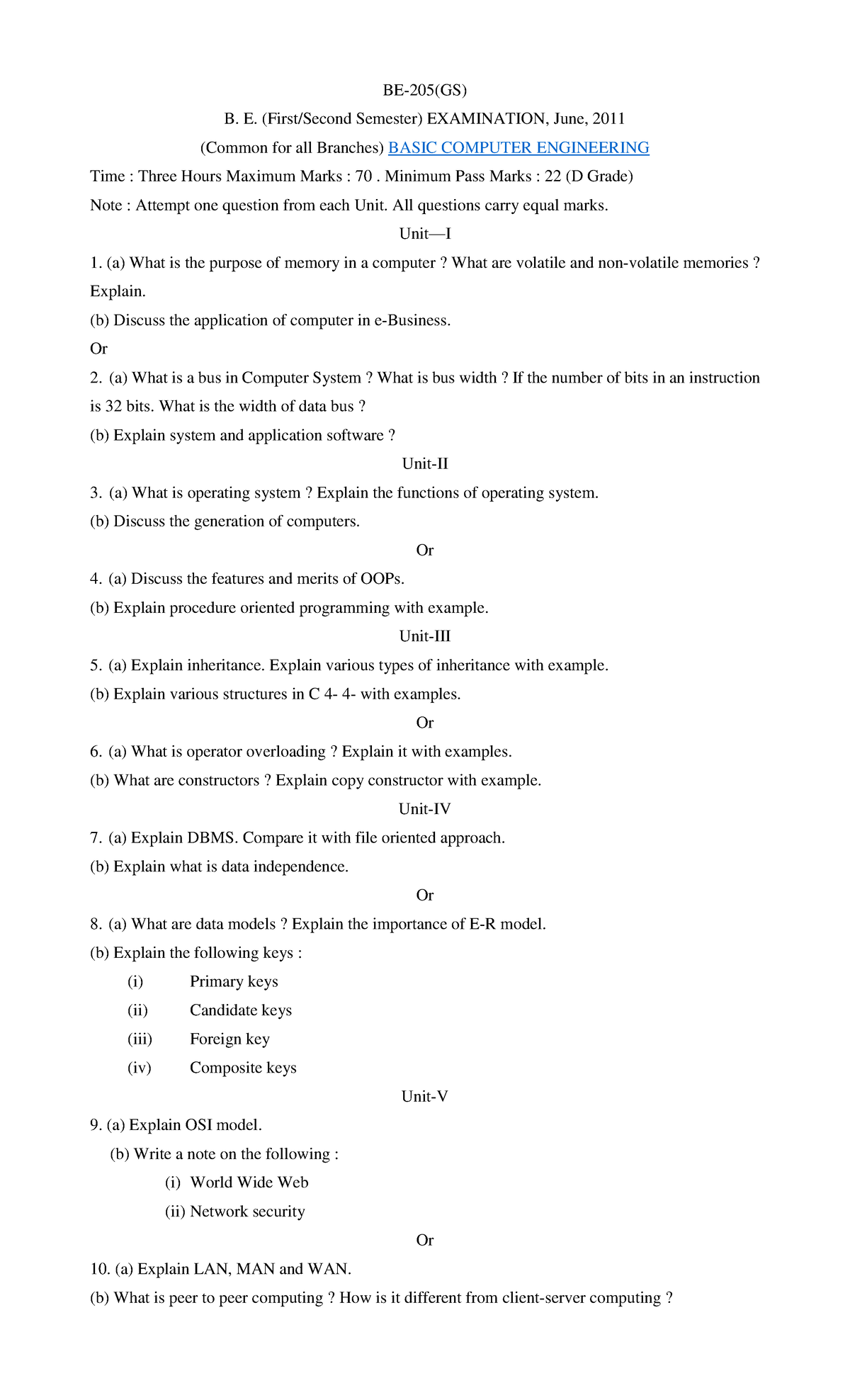 BE 205 Basic Computer Engineering Final Exam June 2011 Notes - Studocu