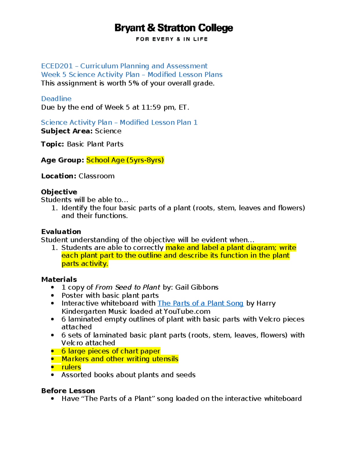 ECED201 Week 5 Science Activity Plan: Modified Lesson Plans - Studocu