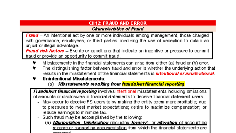 Chapter 12 - fraud and error - CH12: FRAUD AND ERROR Characteristics of ...
