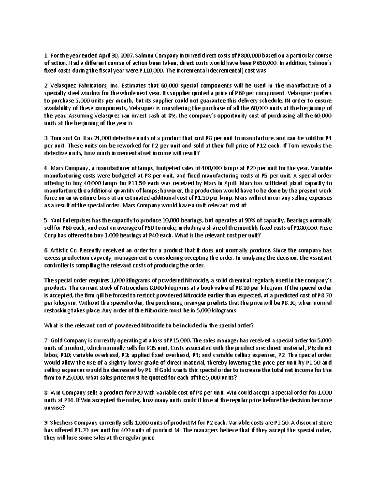 SBA Midterm Exam Topics Review: Costing & Decision Analysis - Studocu