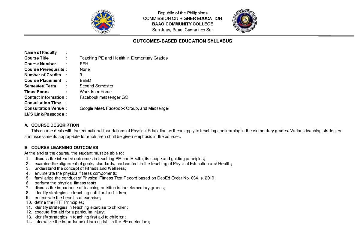 Syllabus for PEH Course: Teaching PE and Health in Elementary Grades ...