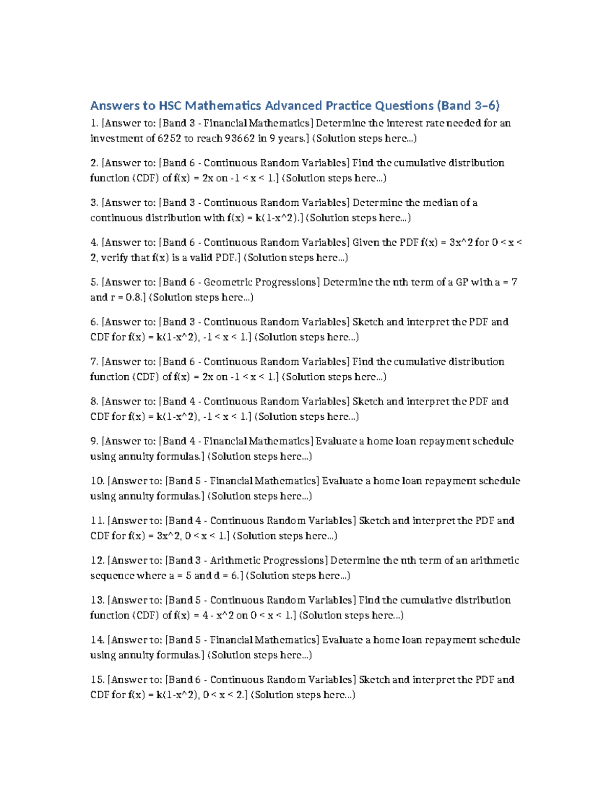 HSC Mathematics Advanced Answers: Band 3 to 6 Solutions - Studocu