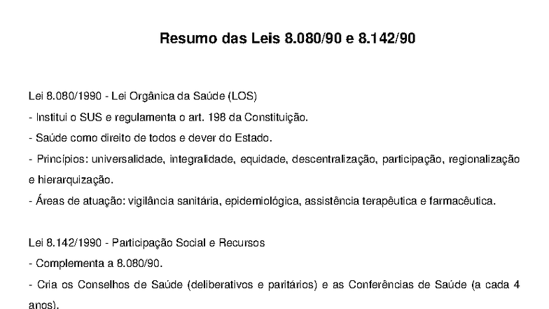 Resumo e Mapa Mental Leis 8080 8142 - Resumo das Leis 8/90 e 8/ Lei 8/ ...