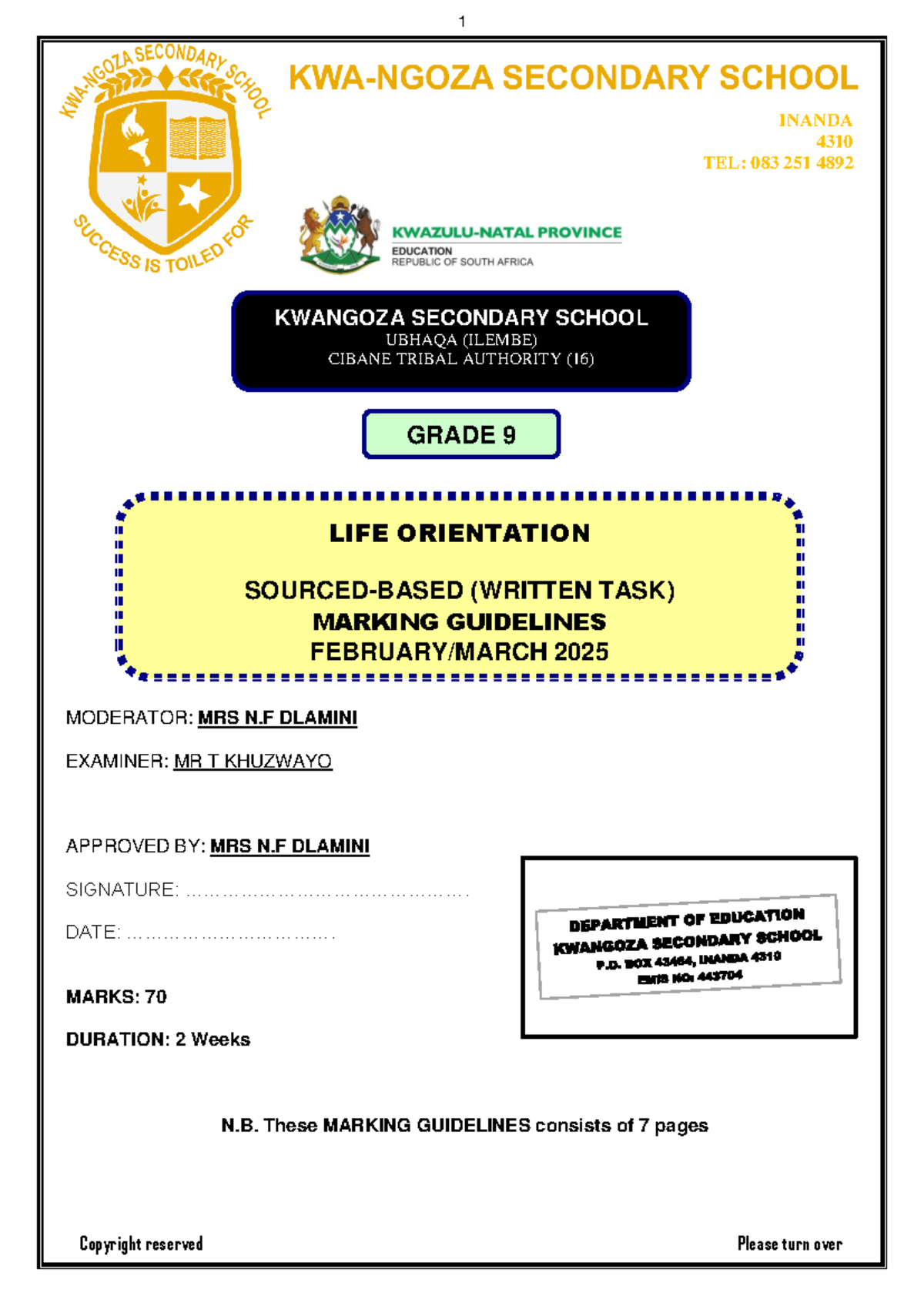 Grade 9 Life Orientation (LO) Term 1 Written Task Marking Guidelines ...