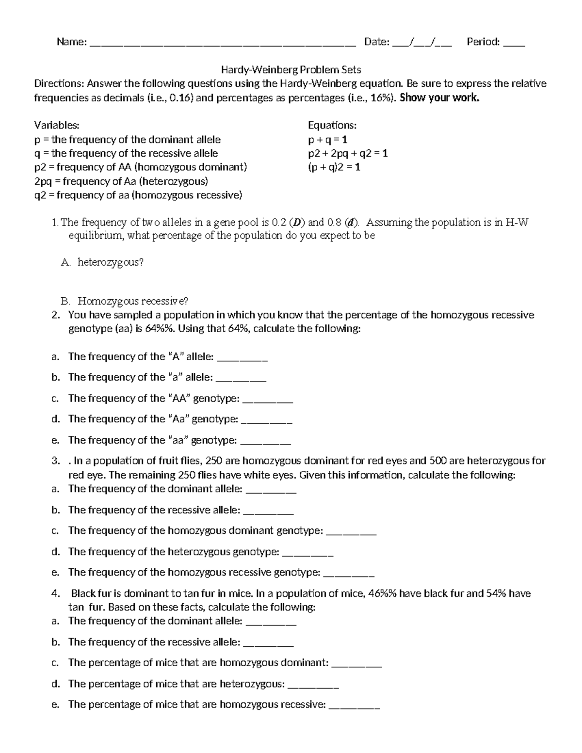 AP - Hardy-Weinberg Practice Problems - 2024 - Studocu