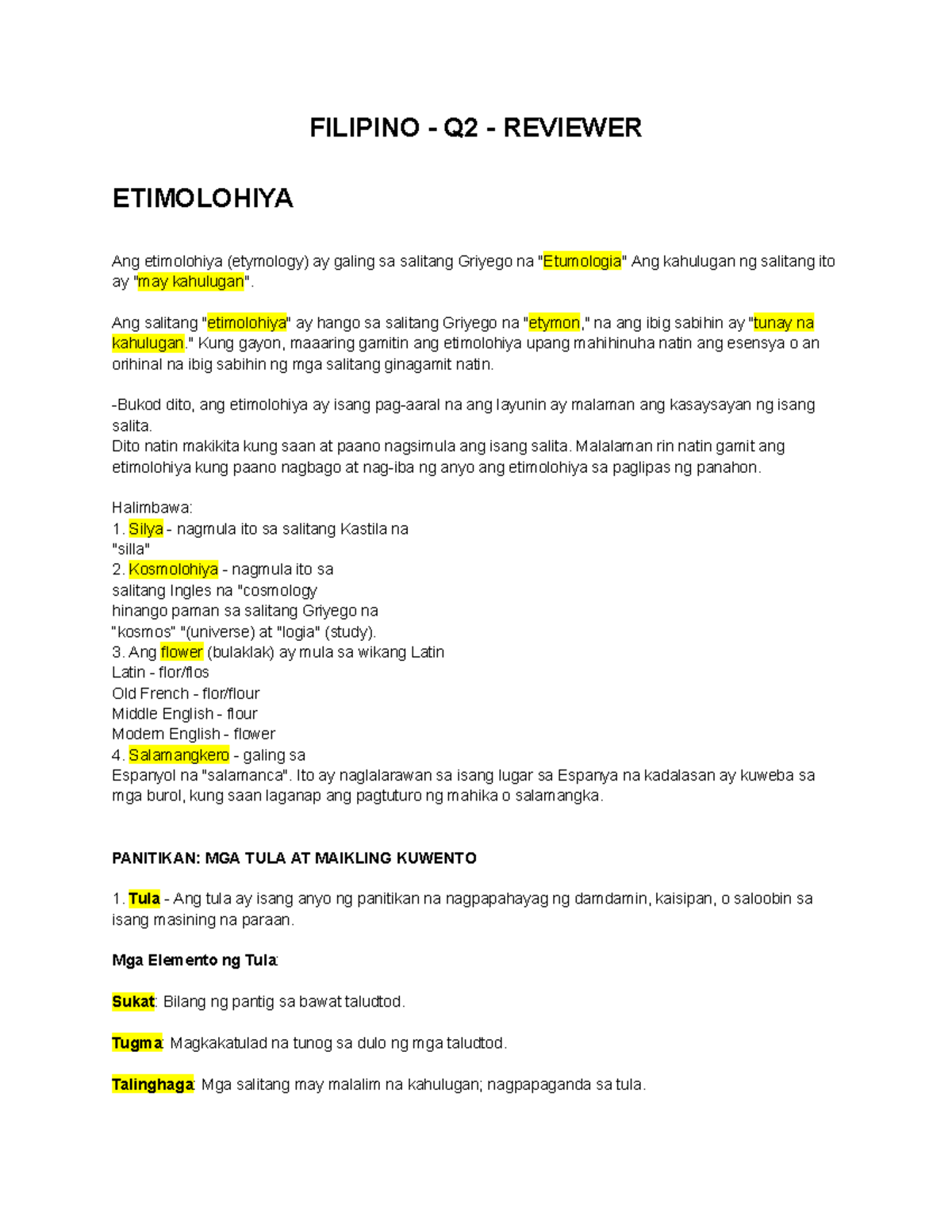 Filipino 10 Q2 - Comprehensive Review on Etymology & Literature - Studocu