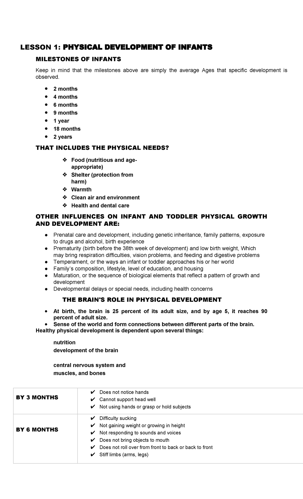 LESSON 1: INFANT PHYSICAL DEVELOPMENT MILESTONES AND NEEDS - Studocu