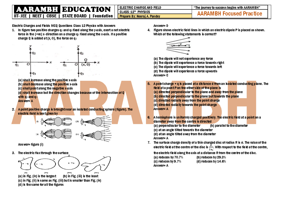Physics Part 1 MCQ Questions Class 12 with Answers - AARAMBH - Studocu