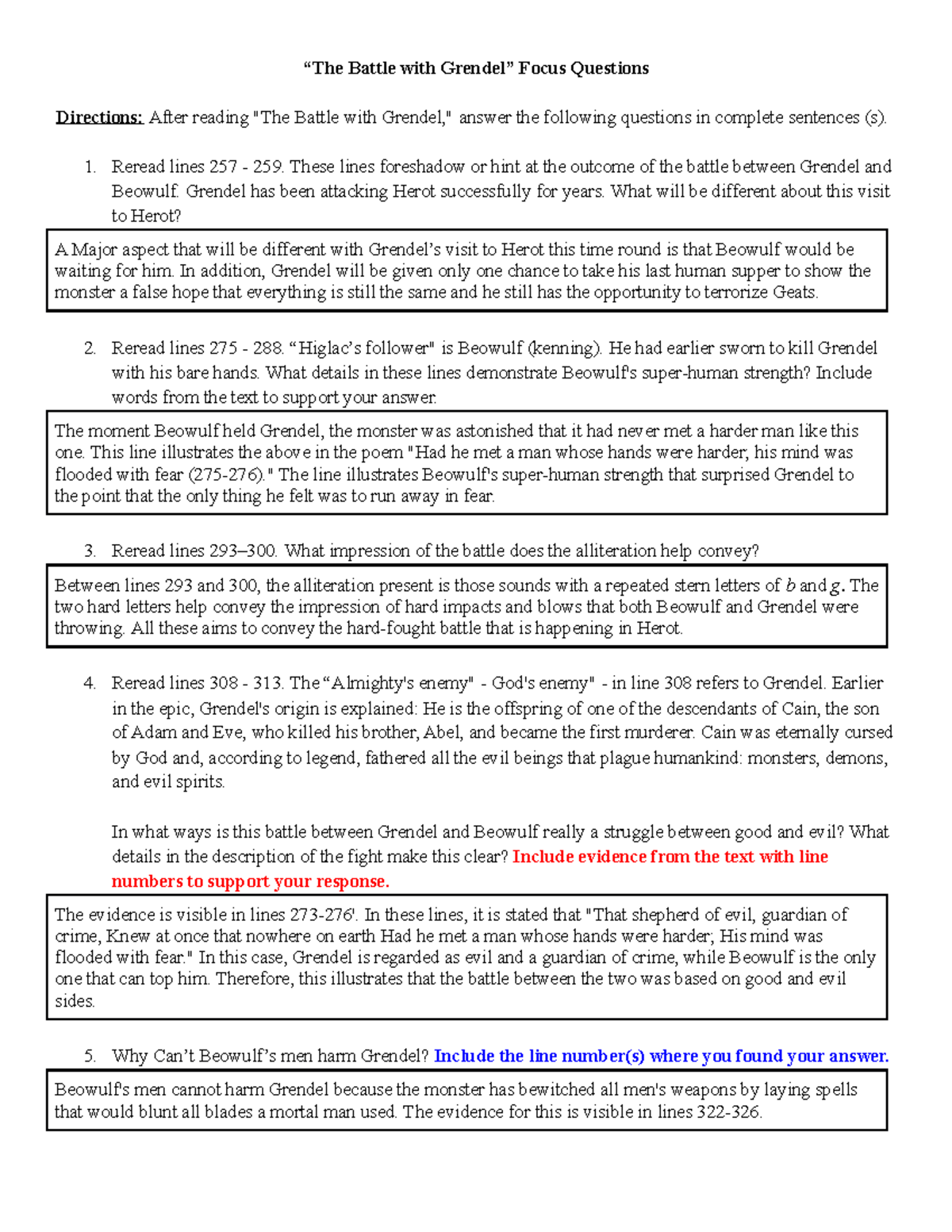 ENGL 101: “The Battle with Grendel” Focus Questions & Analysis - Studocu