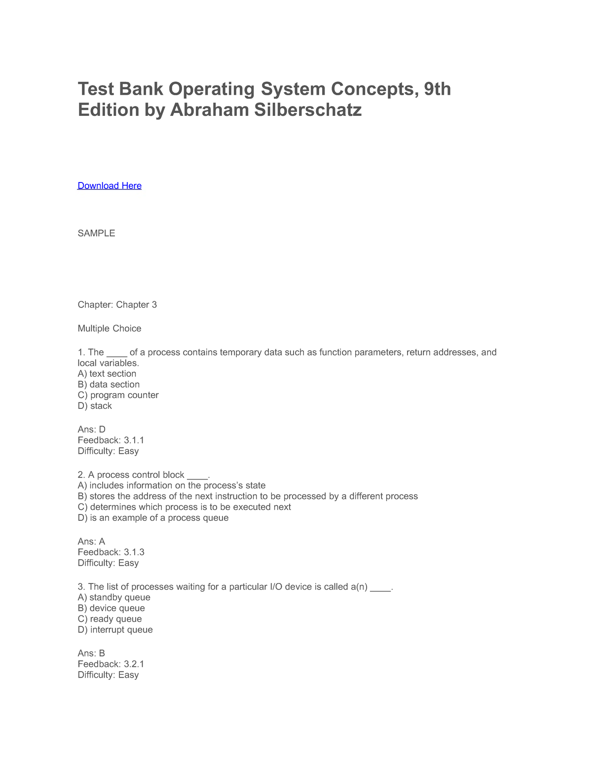 Operating systems Ch3 testbank - TTest Bank Operating est Bank ...
