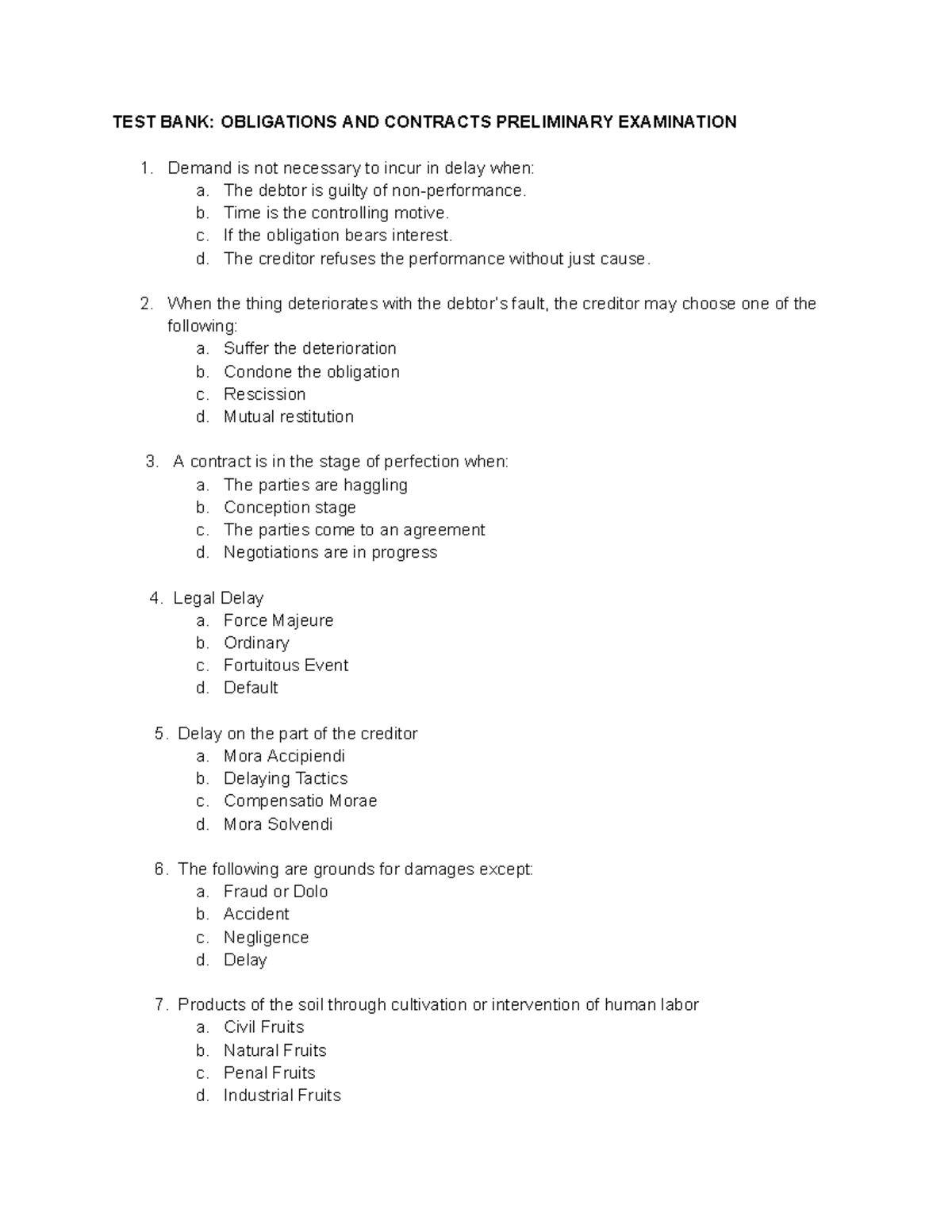 Test Bank 2: Obligations and Contracts Preliminary Exam - Studocu