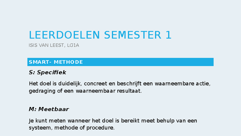 smart doelen opstellen - LEERDOELEN SEMESTER 1 ISIS VAN LEEST, LG1A ...