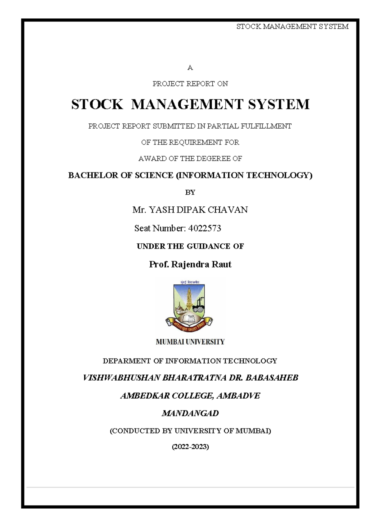 Stock Management System Project Report for BSc IT (2022-23) - Studocu