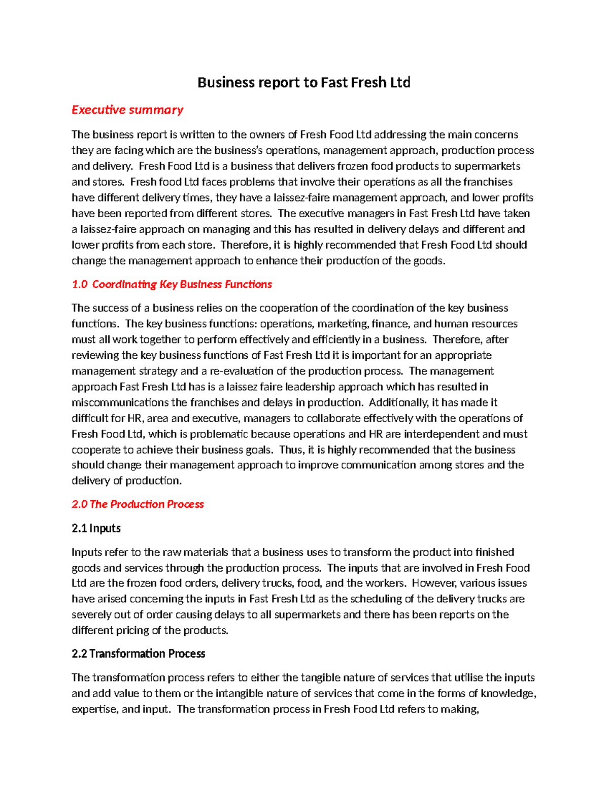 Business Report: Enhancing Operations & Management at Fast Fresh Ltd ...