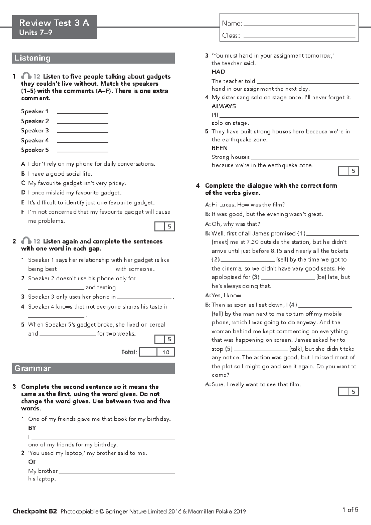 Checkpoint B2 Review Test 3 A - Review Test 3 A Units 7– Class ...