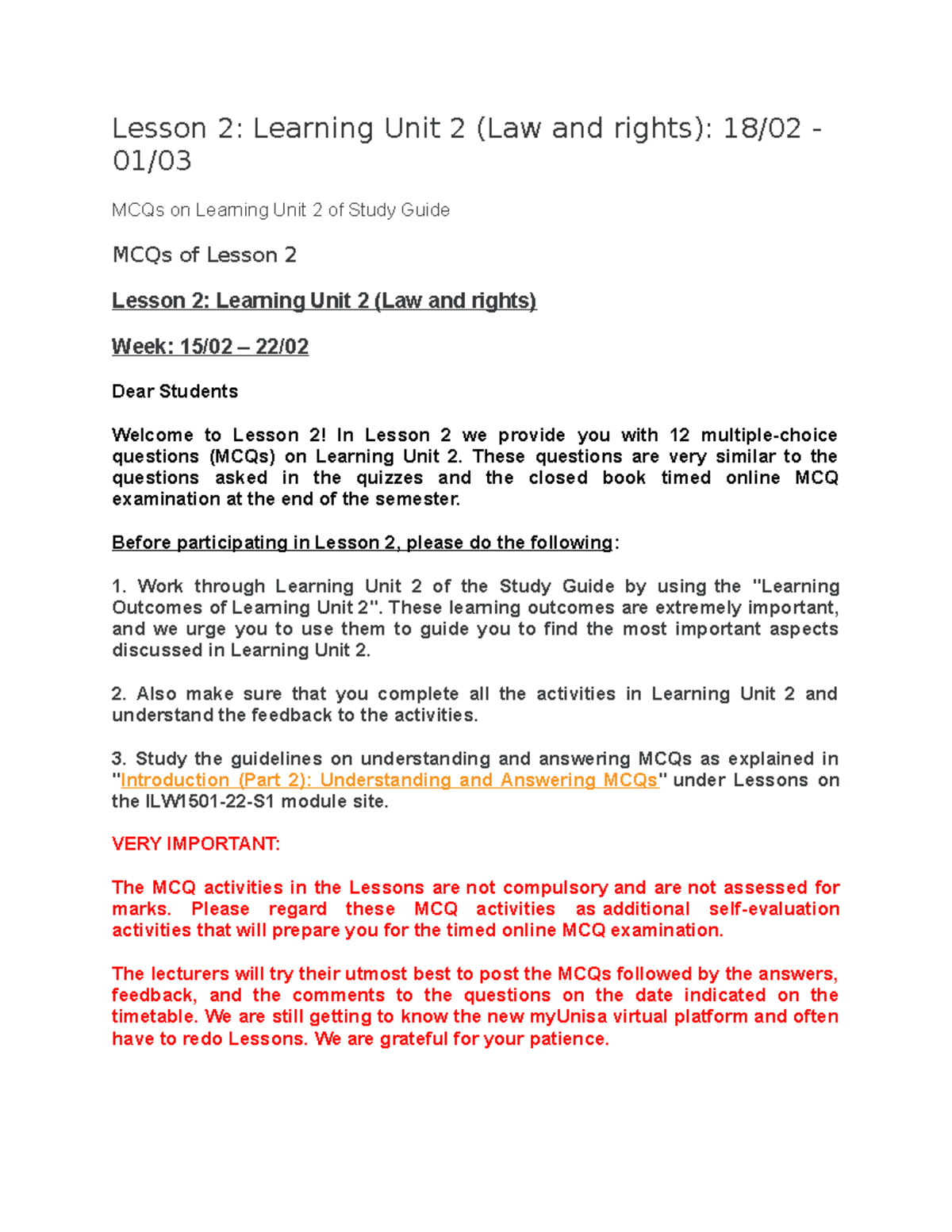 ILW1501-22-S1 Lesson 2: Study Notes on Law and Rights MCQs - Studocu