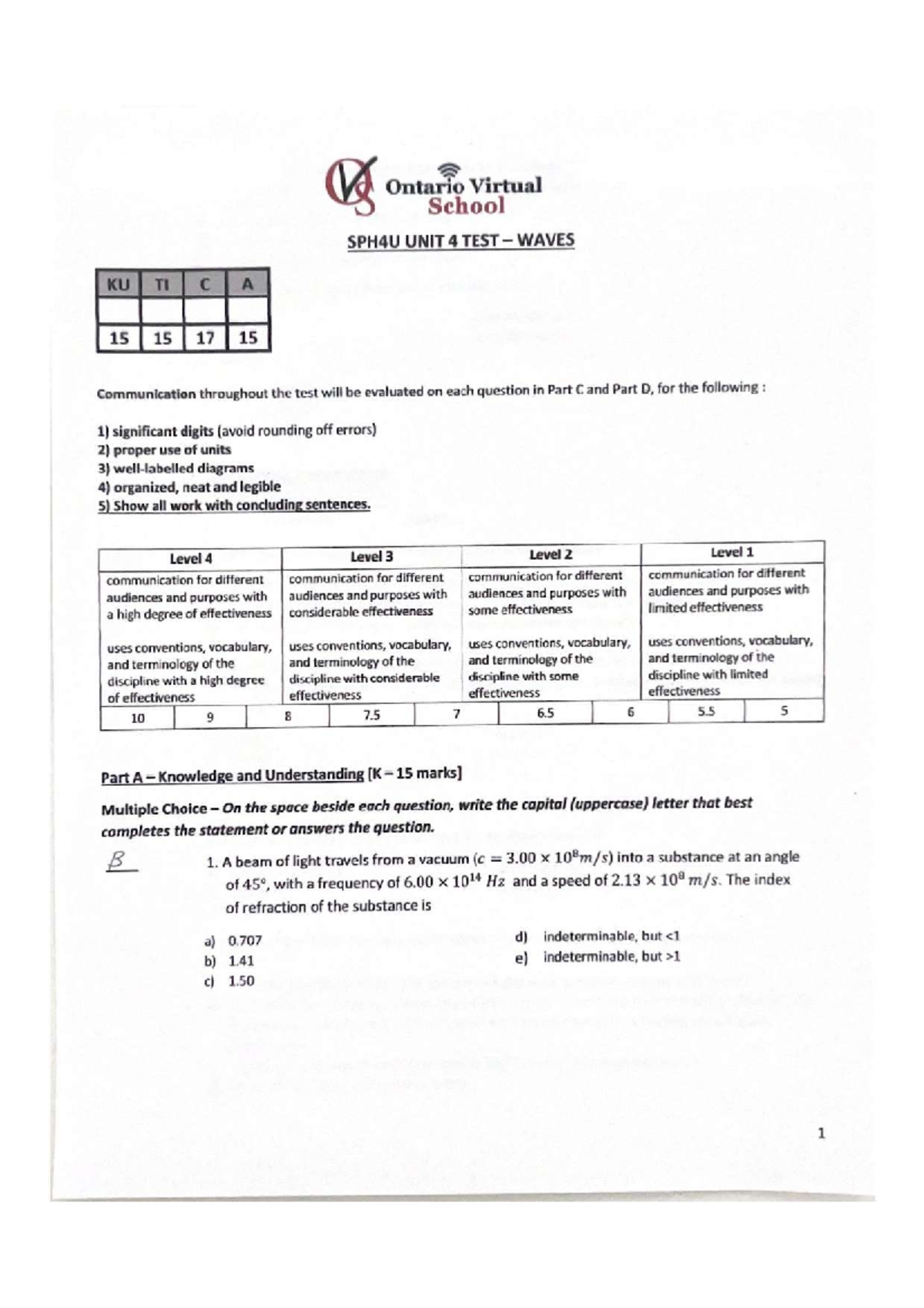 SPH4U Unit Test 4: Understanding Waves and Communication Skills - Studocu