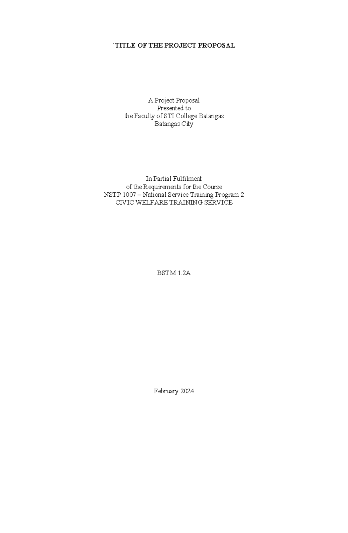 NSTP 1007: Project Proposal Format Template for Second Semester - Studocu