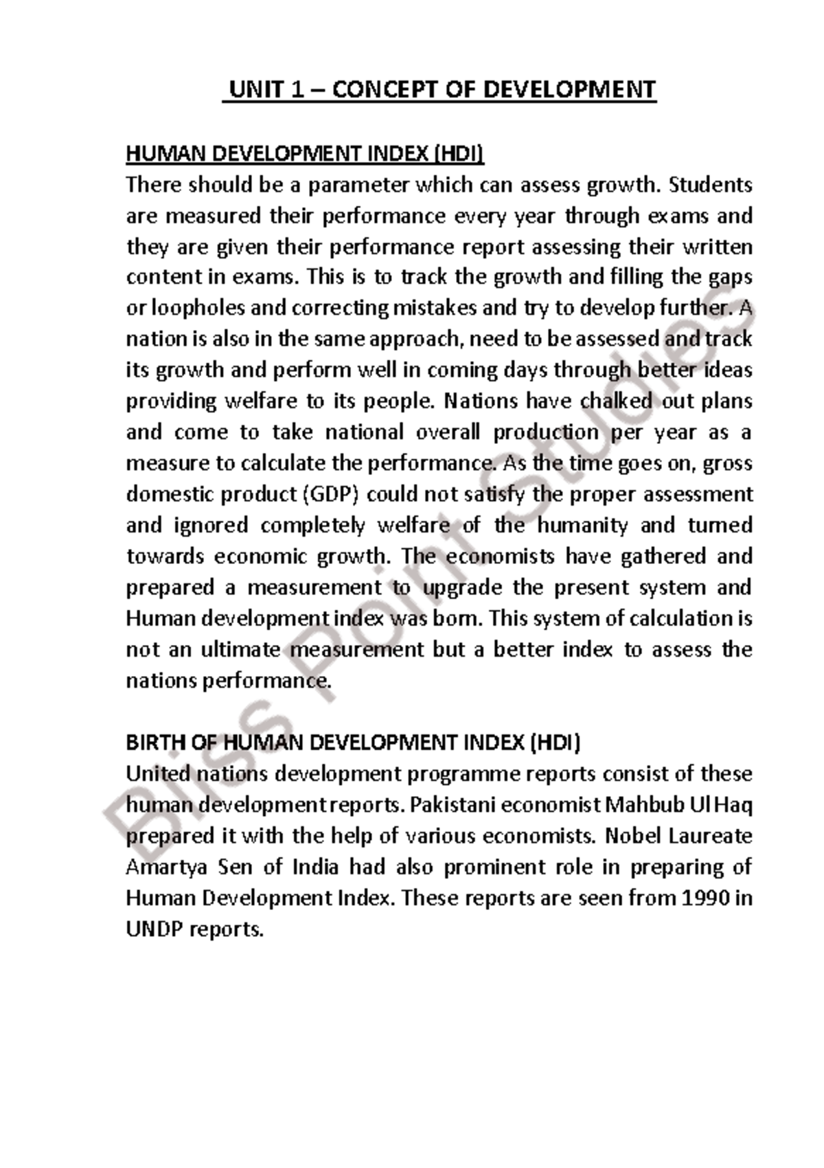 Unit 1 - Understanding the Concept and Indices of Development - Studocu