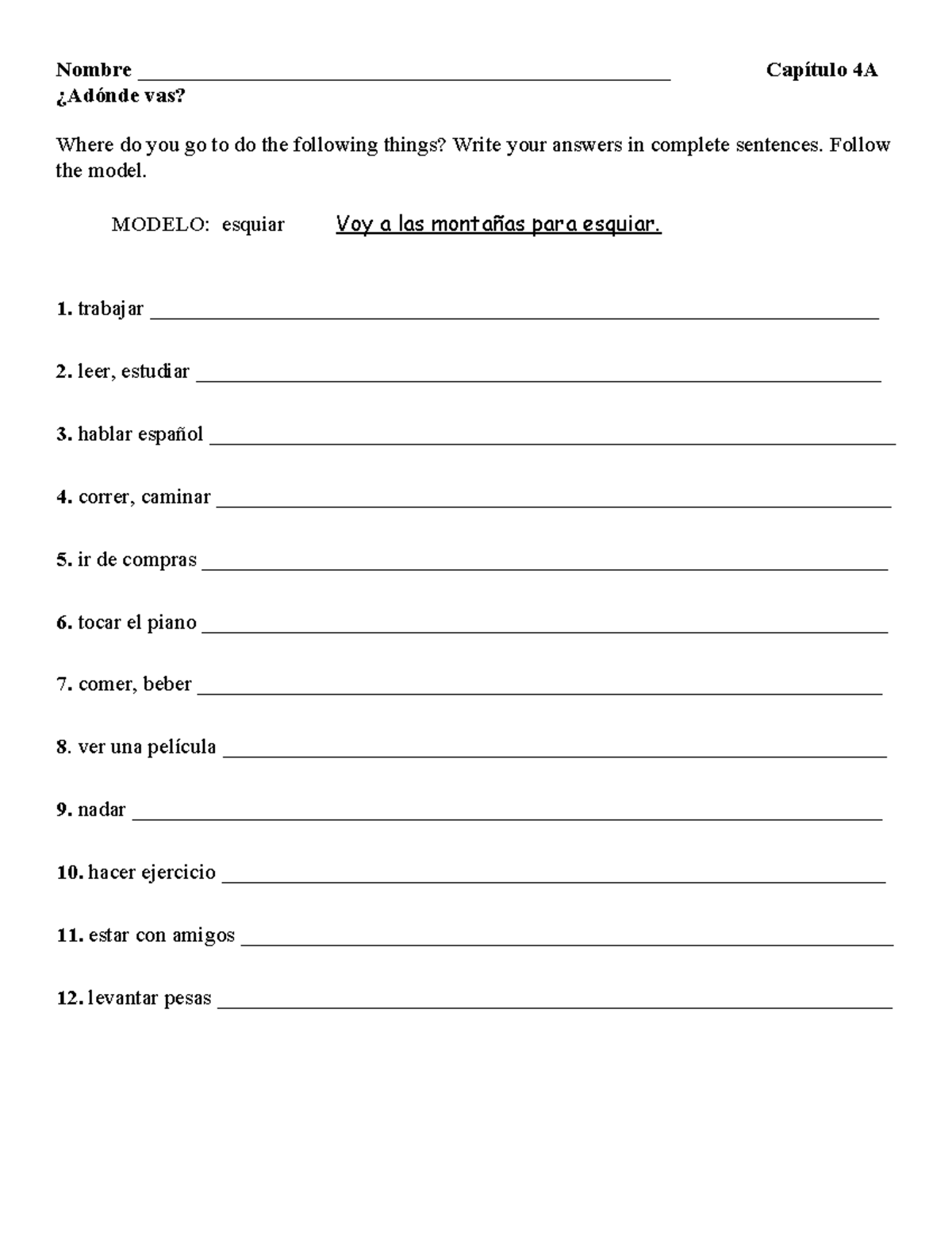 4a a donde vas para - Spanish emersion - Nombre