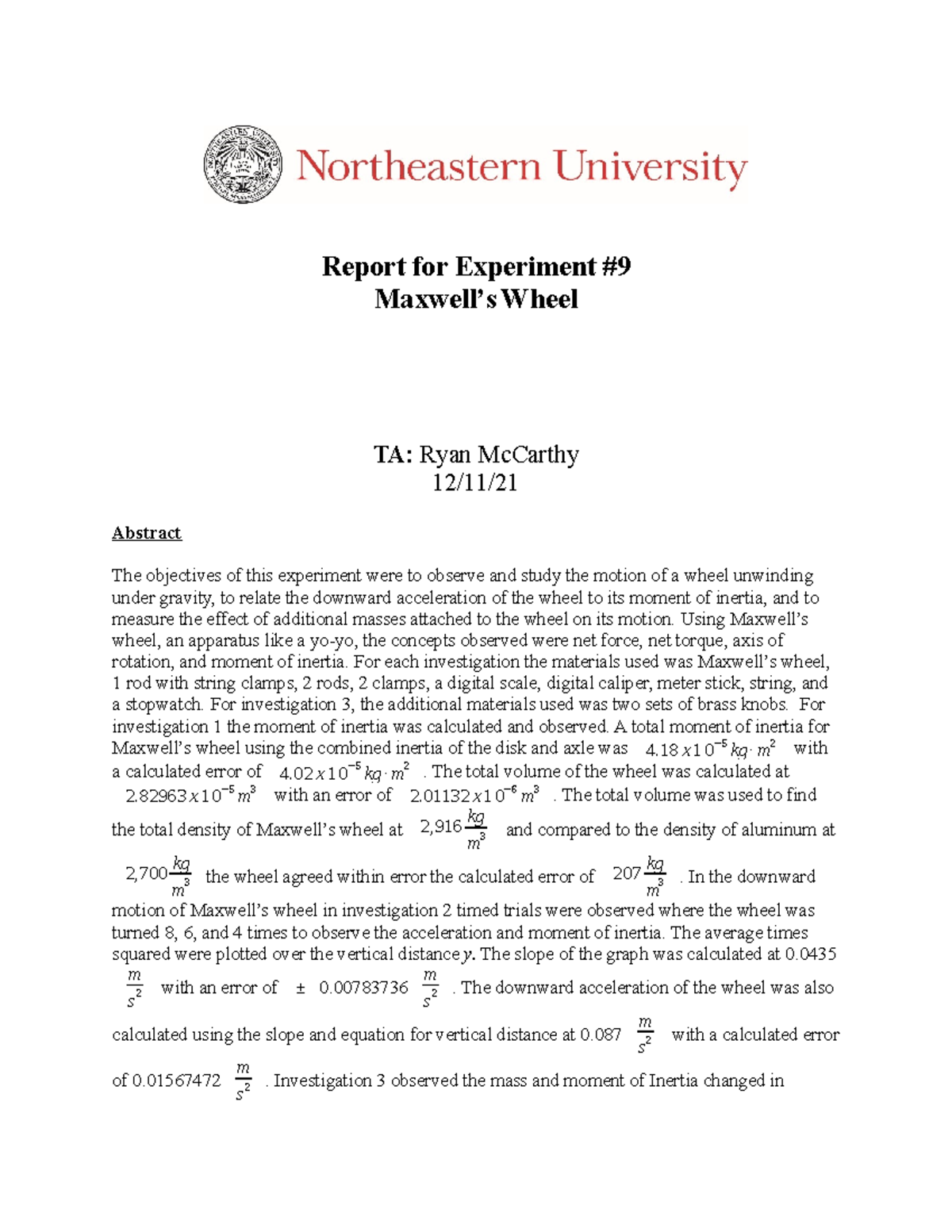Maxwell's Wheel Experiment #9 Report - Northeastern University - Studocu
