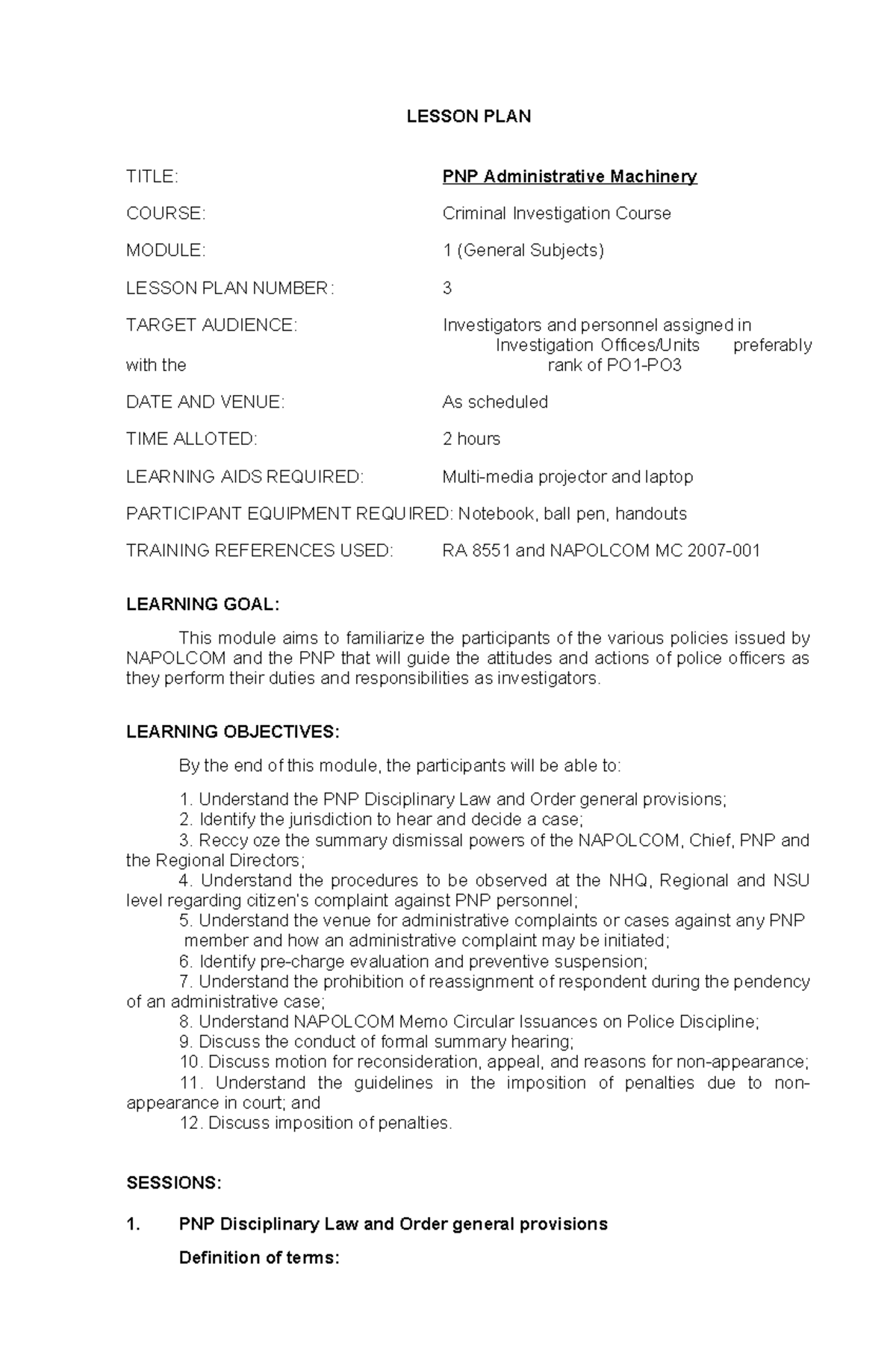 3. Lesson Plan on PNP Administrative Machinery (Criminal Investigation ...