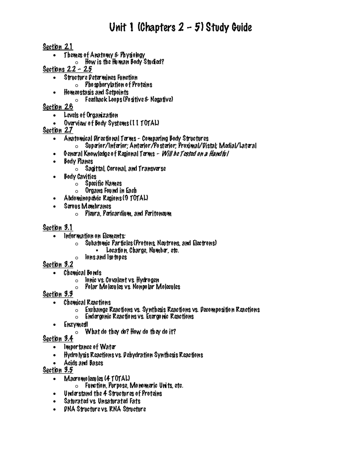 Unit 1 Study Guide: Anatomy & Physiology (Ch. 2-5) Themes & Concepts ...