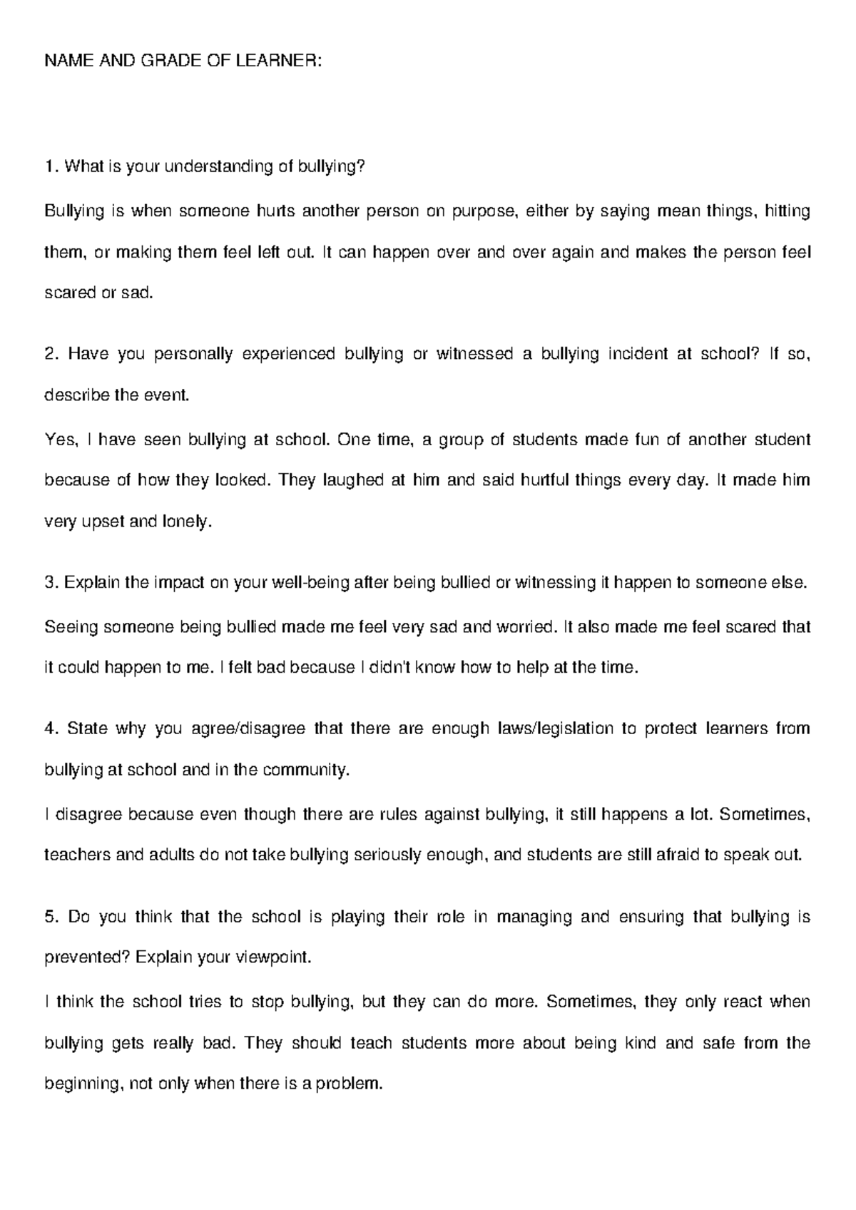 Bullying Questionnaire: Understanding and Impact on Learners - Studocu