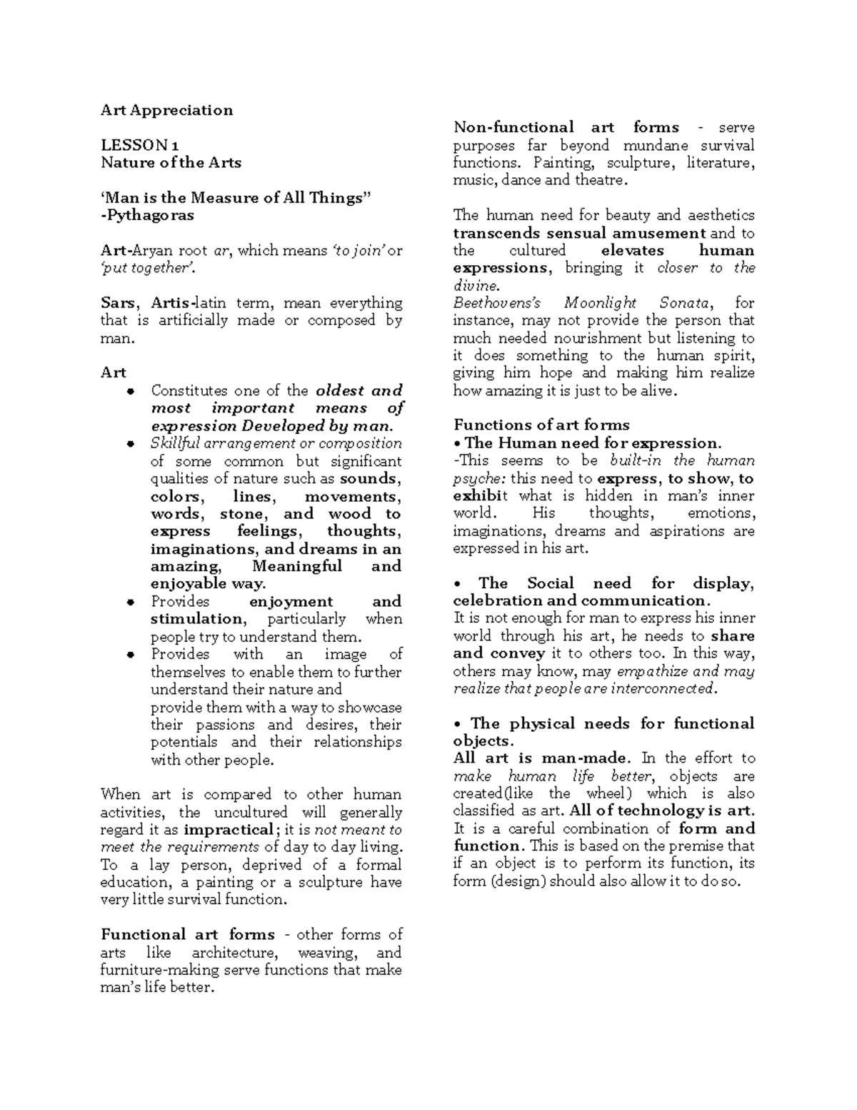 ART Appreciation - LESSON 1: Understanding the Nature of Arts - Studocu