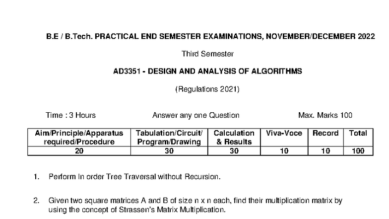 Design and Analysis of Algorithms AD3351 Practical Exam Set 4 - Studocu