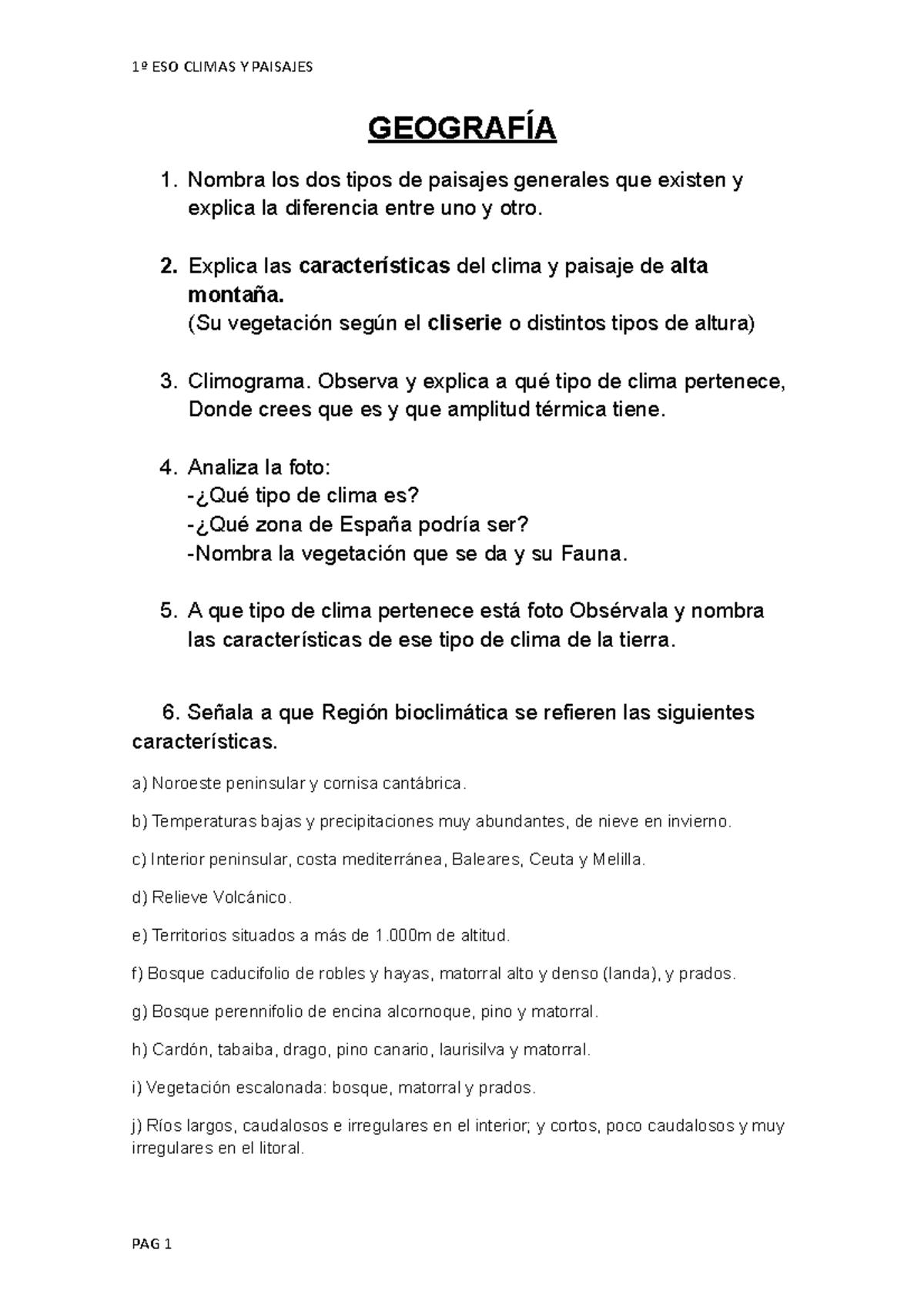 Examen de Geografía: Climas y Paisajes en 1º ESO - Studocu