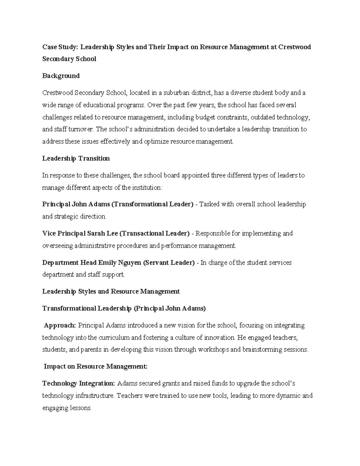 Case Study: Leadership Styles & Resource Management at Crestwood School ...