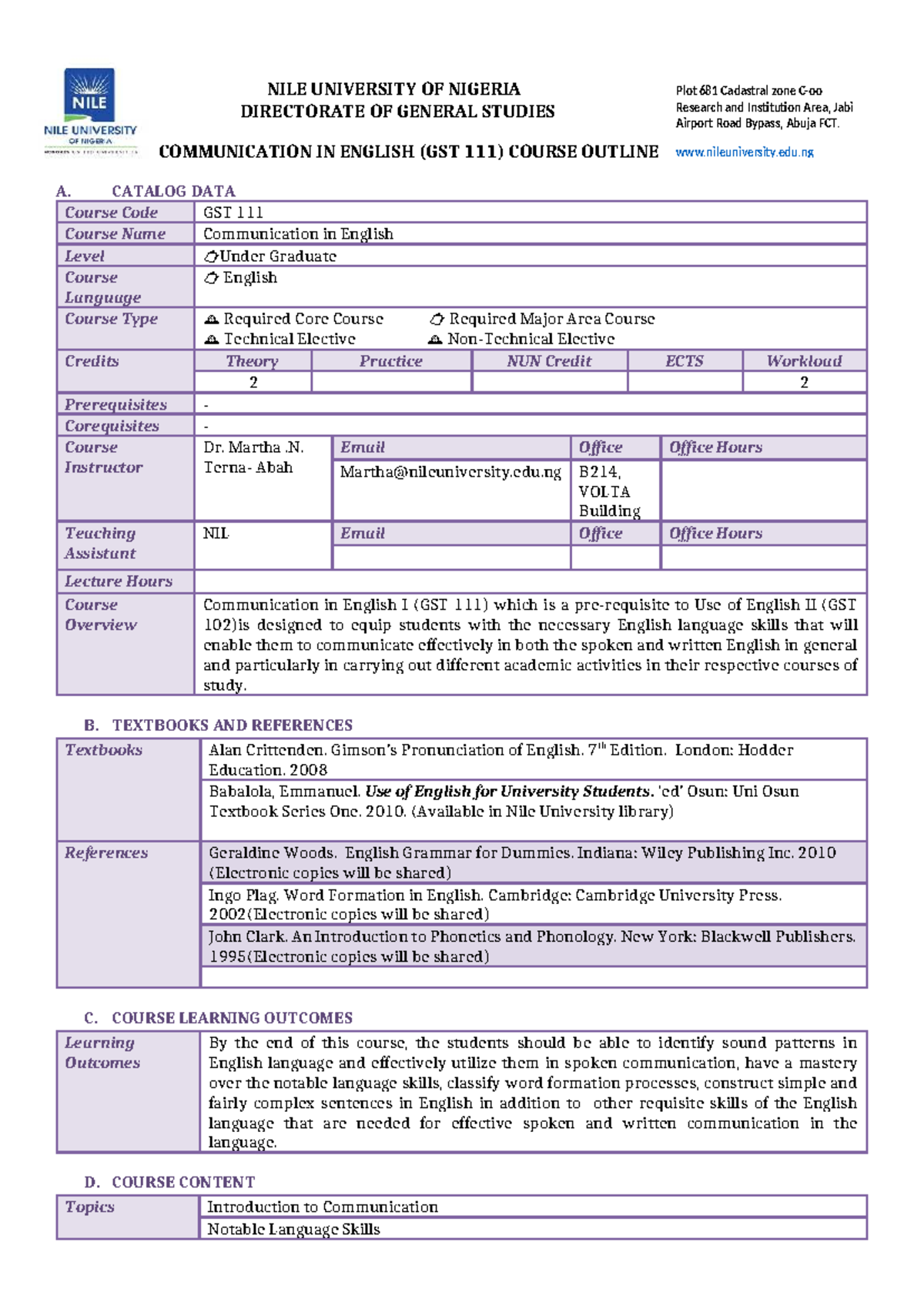 Communication in English Course Outline (GST 111) - Key Learning Areas ...