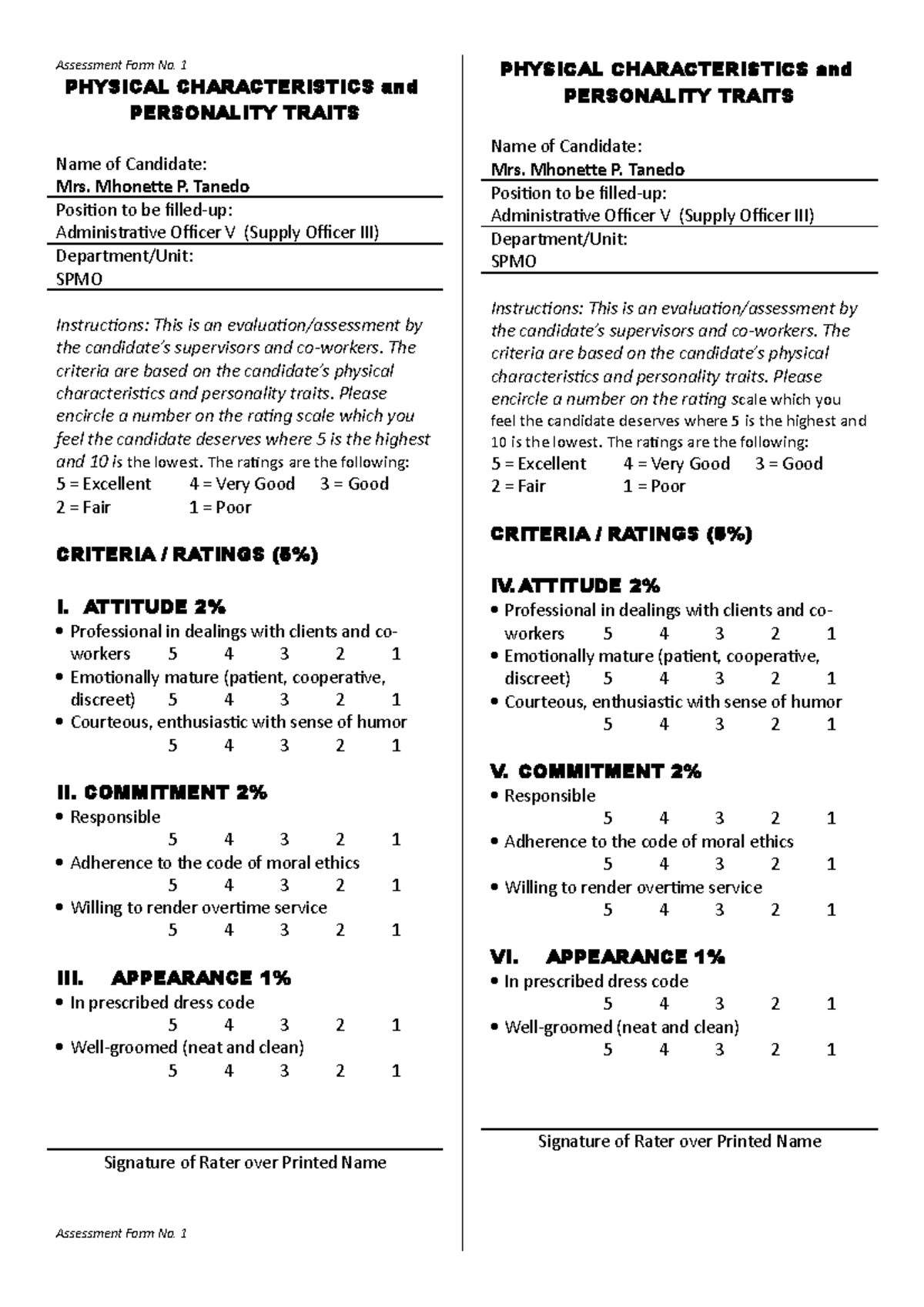 Assessment No. 1 - Mrs. Tanedo - Assessment Form No. 1 PHYSICAL ...