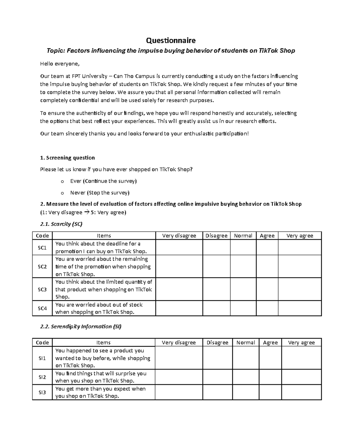 Questionnaire: Factors Influencing Impulse Buying on TikTok Shop - Studocu