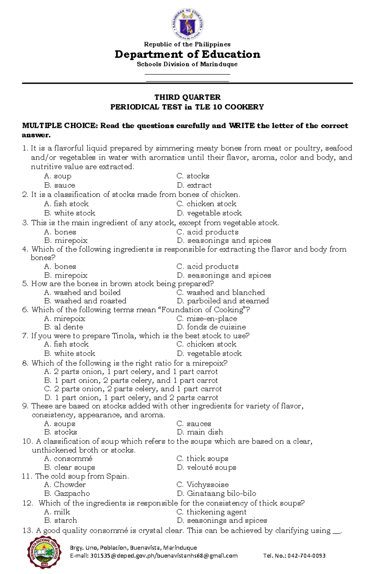 Q3 TLE 10 Cookery Exam Reviewer: Multiple Choice Questions - Studocu