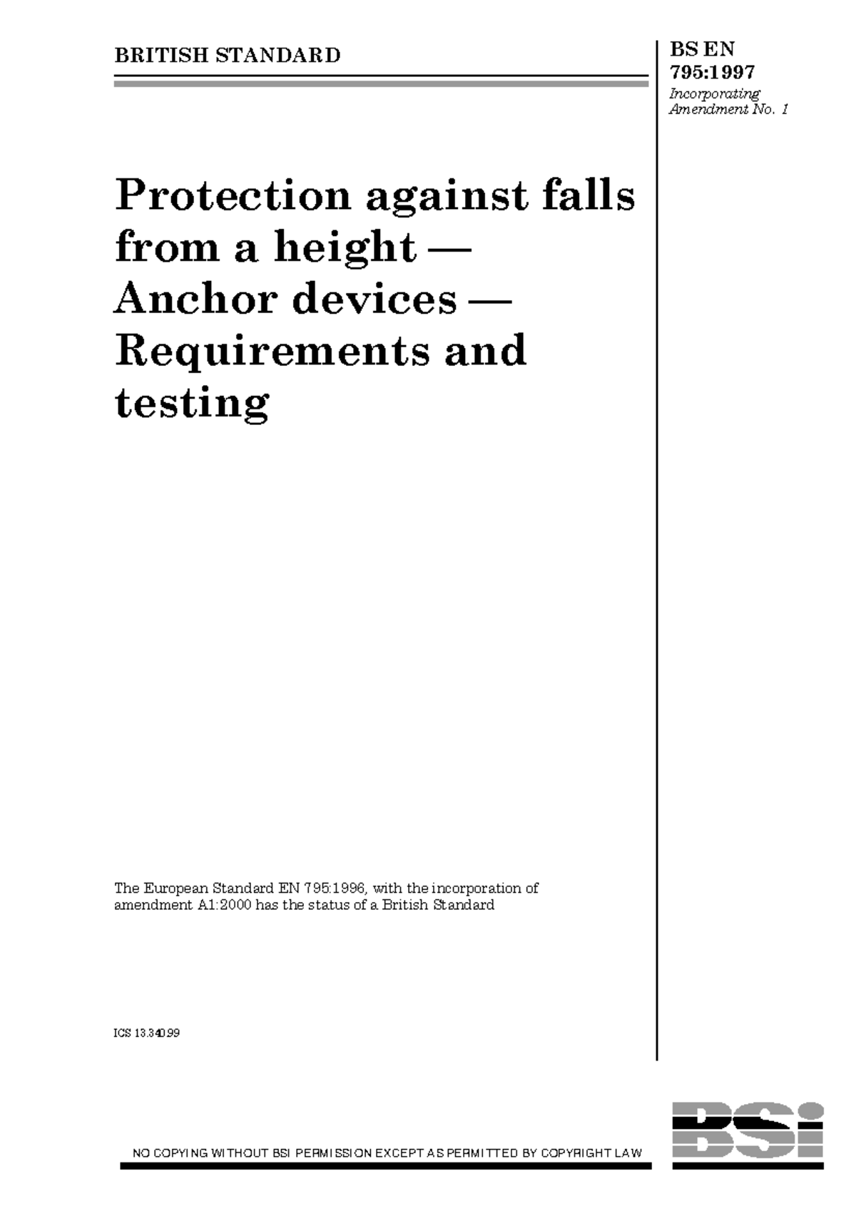 BS EN 795:1997 - Anchor Devices for Fall Protection Standards - Studocu