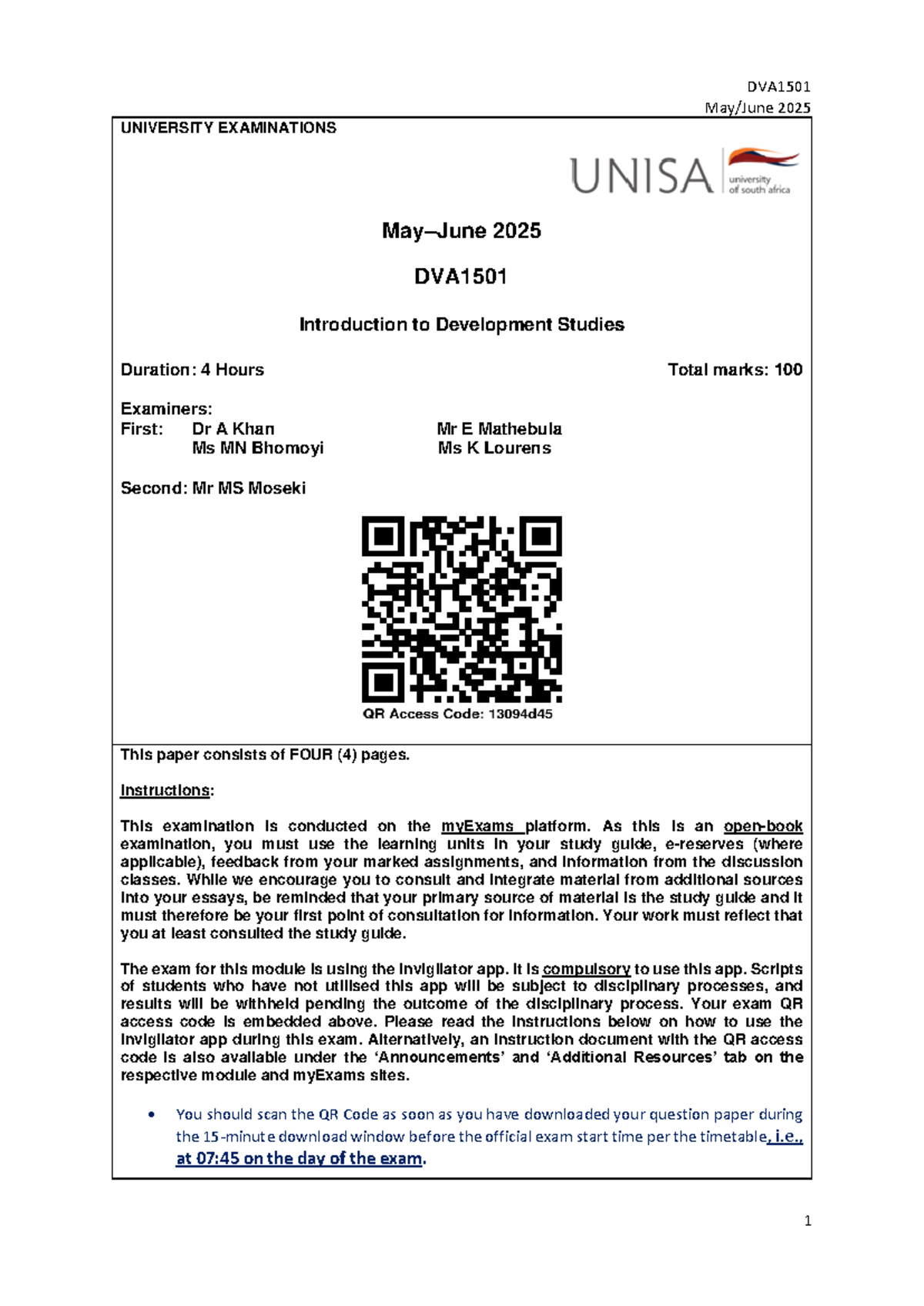 DVA1501 May-June 2025 Final Exam Question Paper on Development Studies ...