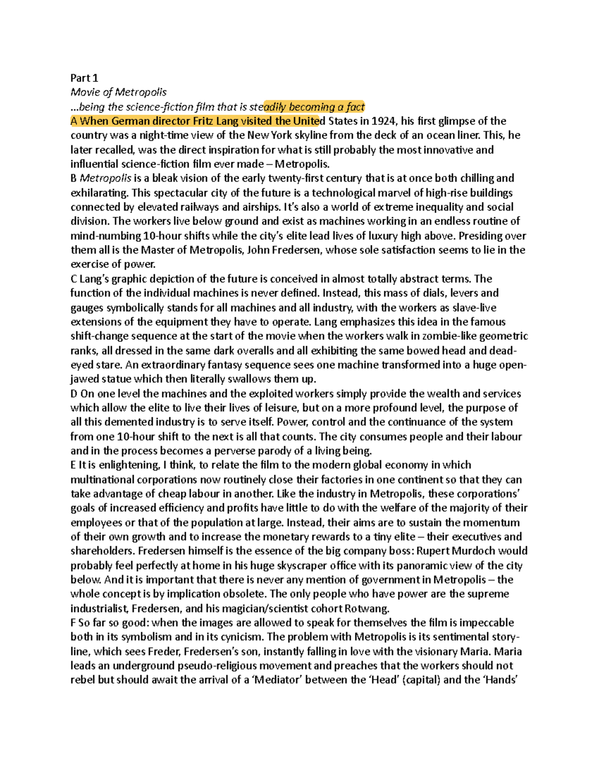 Metropolis (1927) Film Analysis: Themes of Power and Inequality - Studocu