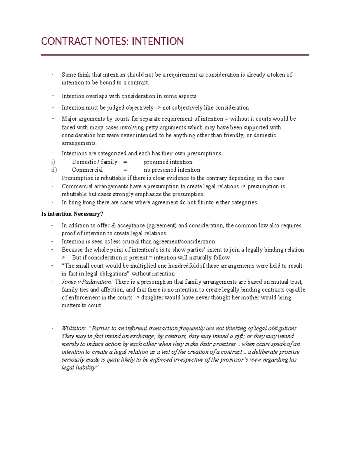 Contract Notes on Intention in Contract Law (LAW101) - Studocu